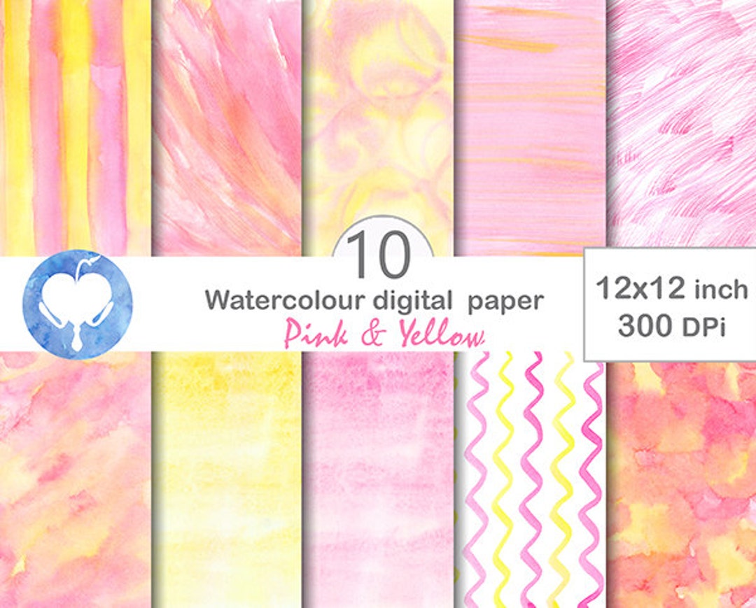 Digital Watercolor Paper Pink & Yellow - Commercial Use Hand Painted ...