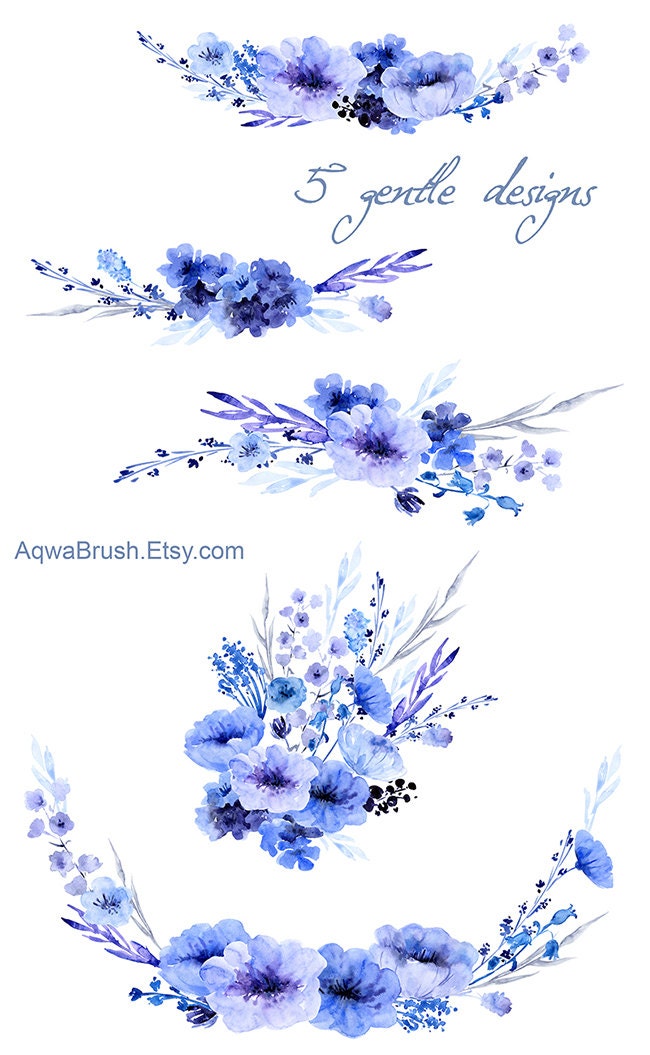 Night Flowers Watercolor Clipart, Commercial Use Blue Flowers Purple ...