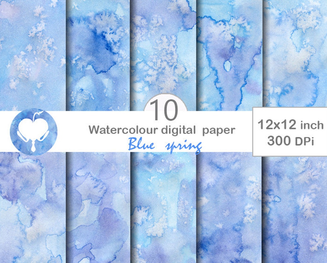 Watercolor Digital Paper Blue Spring Commercial Use Background Overlay ...