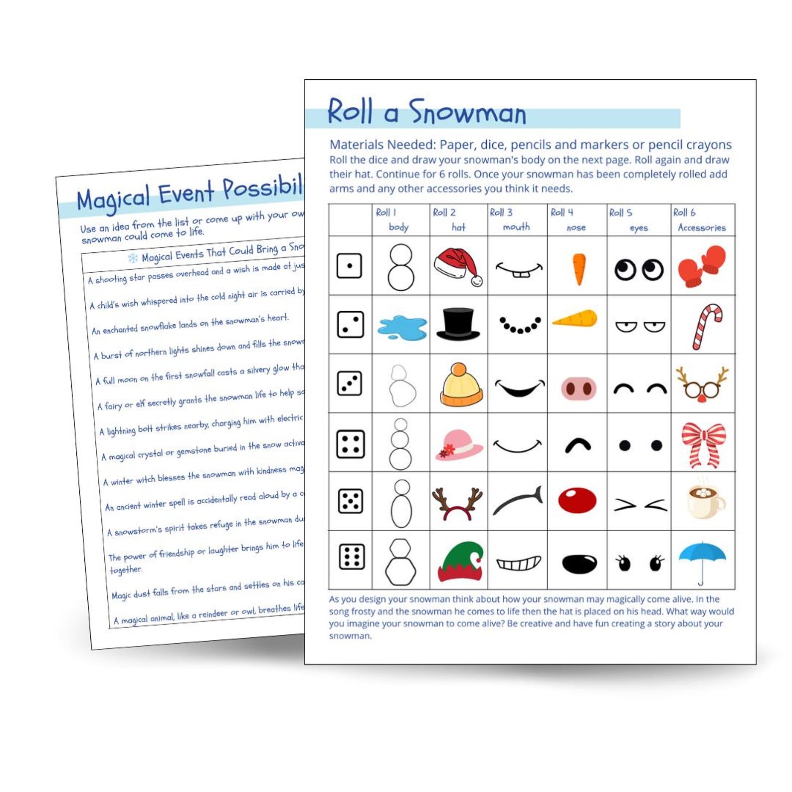 Roll a Snowman – Winter Writing & Drawing Prompt Game | Printable ...