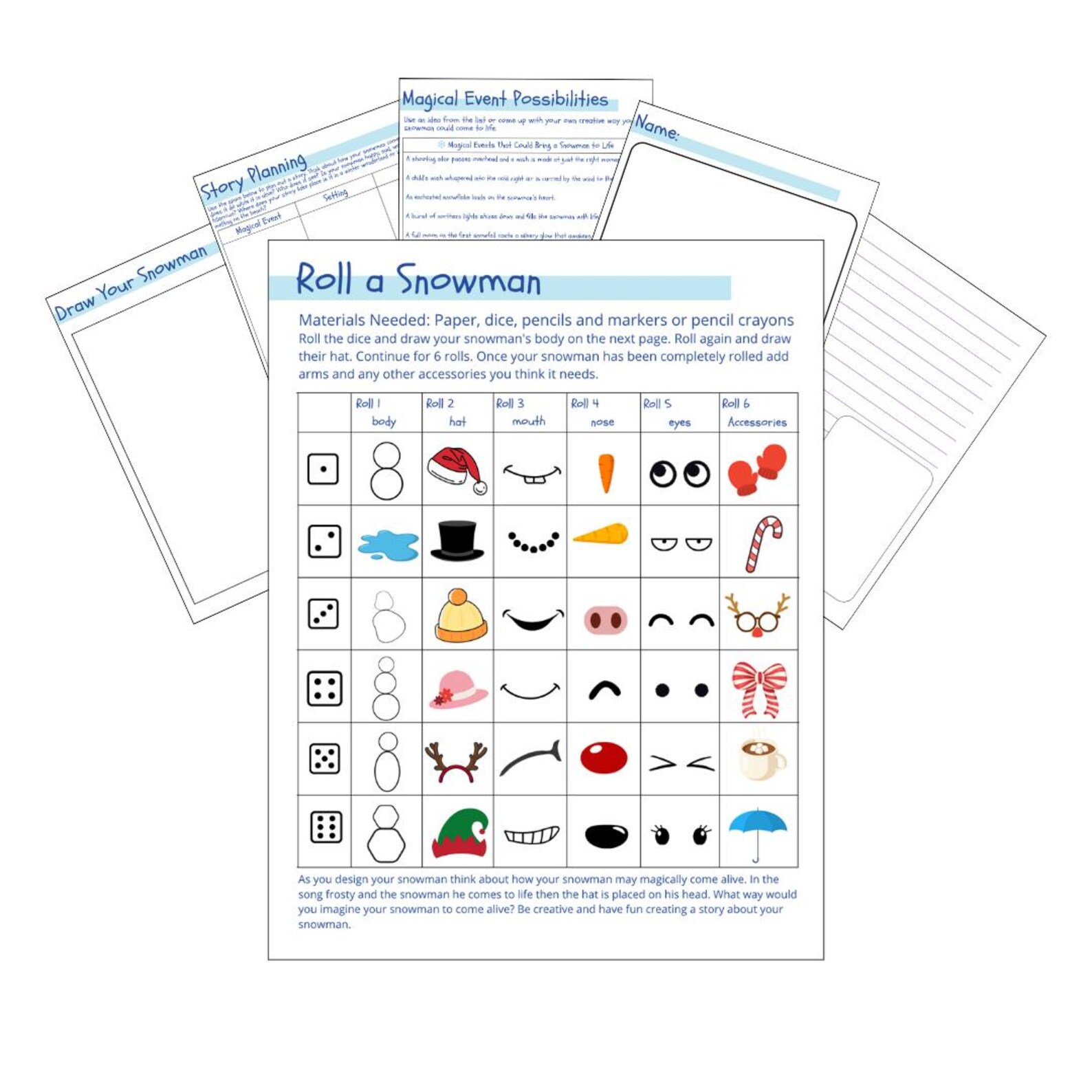 Roll a Snowman – Winter Writing & Drawing Prompt Game | Printable ...