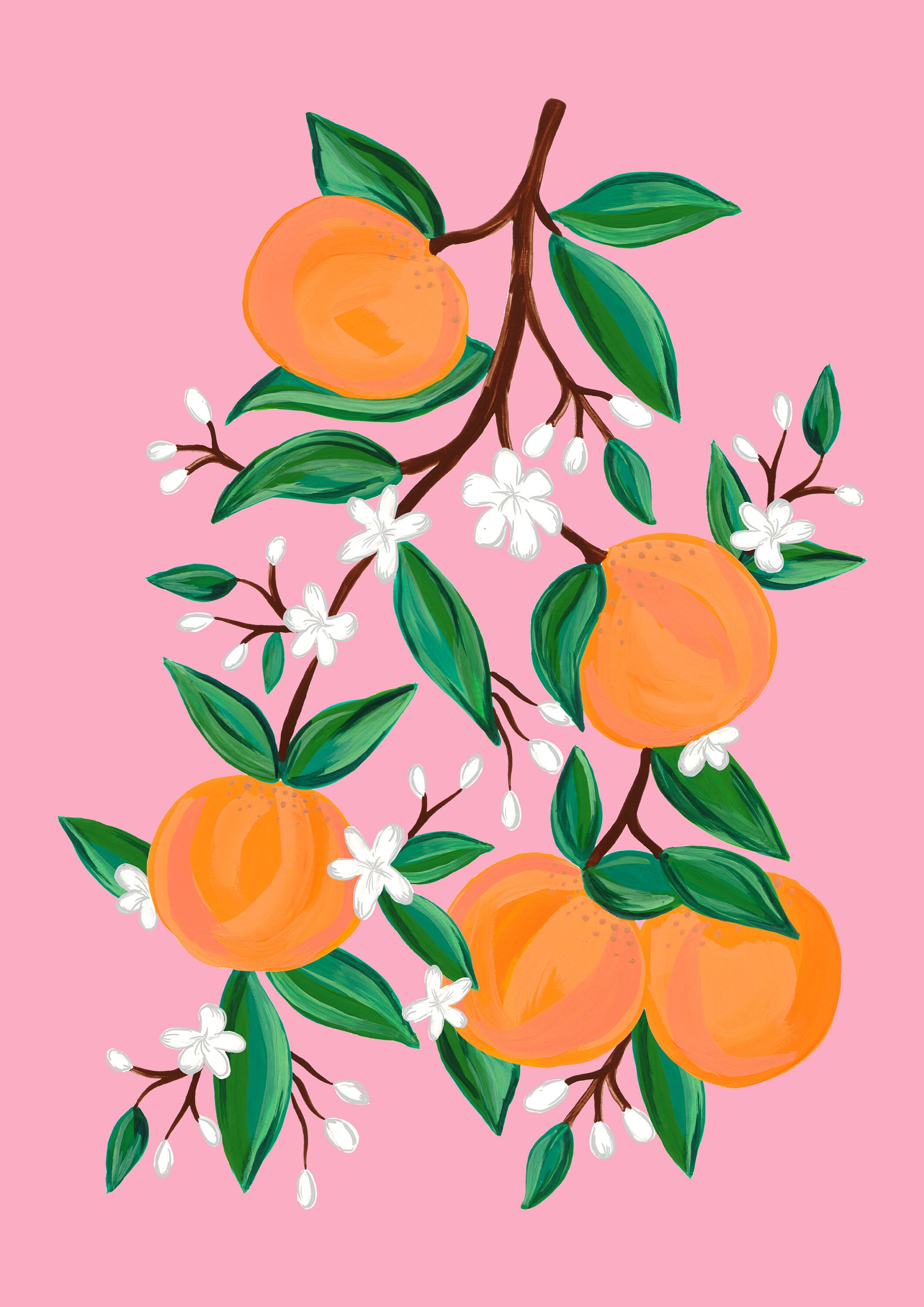 Orange Print, Fruit Print, Hand-painted Print, Handmade, Pink, Orange ...