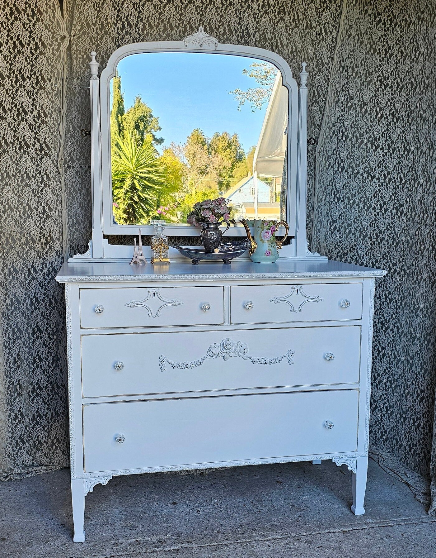 Vintage Dresser Paris Apartment White Romantic Style Dresser With Cheval Mirror Etsy Australia