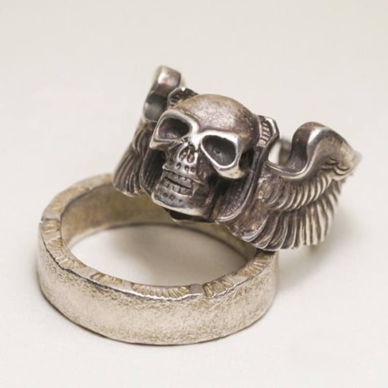 Oxidized Sterling Silver Skull Ring With Wings Handmade Biker Gothic ...