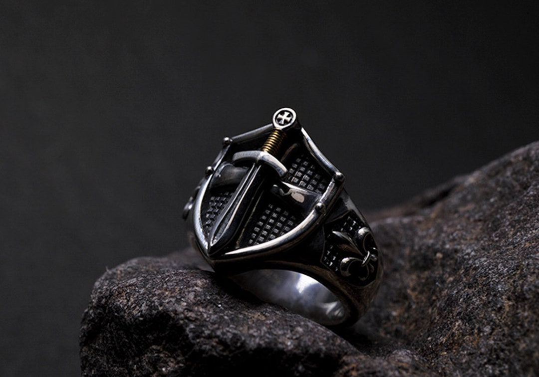 Sterling Silver Sword Ring for Men Silver Shield Ring Fleur De Lis Ring ...