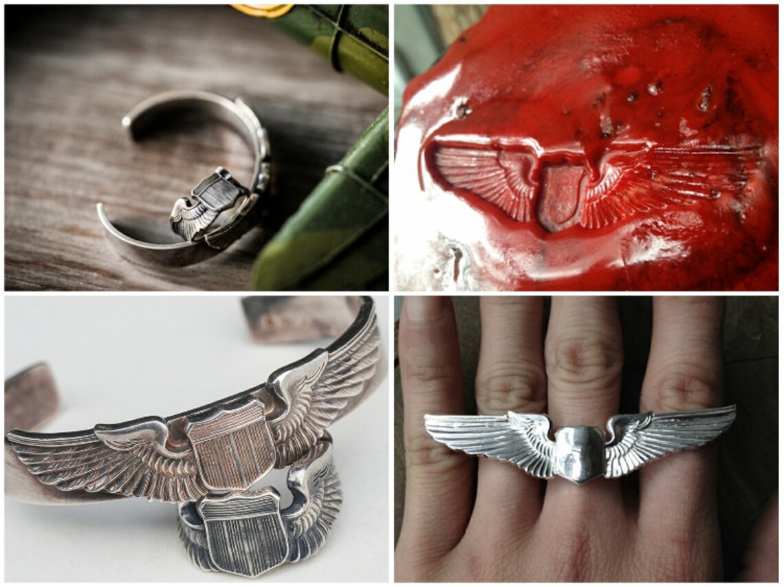 Sterling Silver Pilot Ring, WWII USAF Winged Shield, Adjustable ...