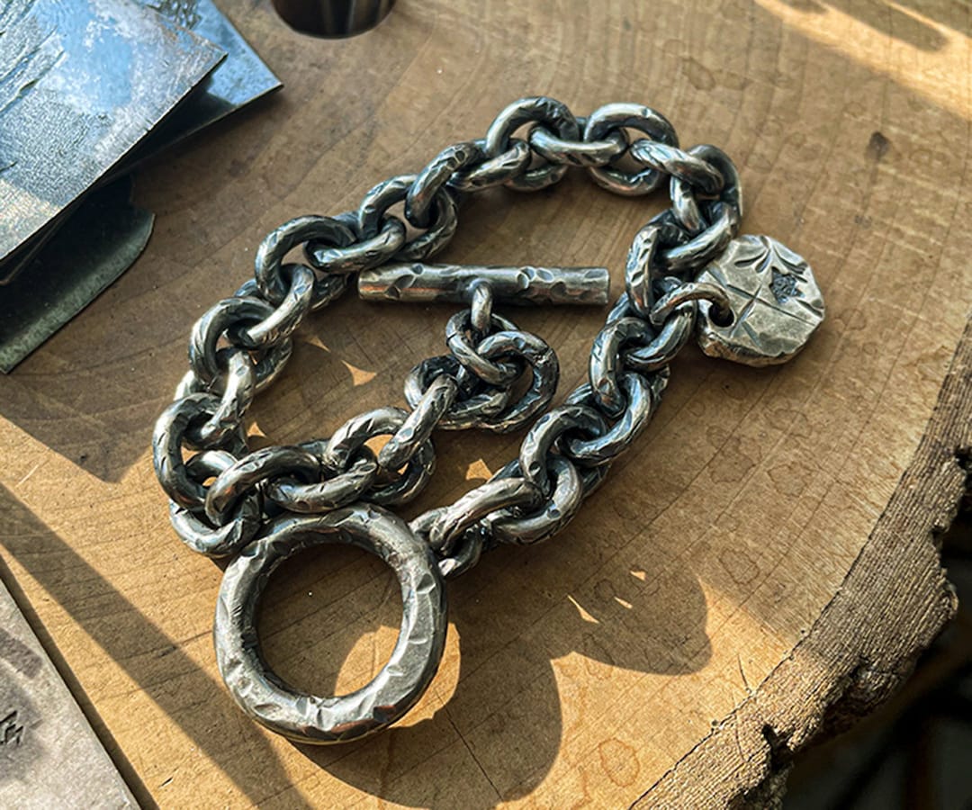 Rustic Sterling Silver Mens Bracelet, Chunky Handmade Chain Bracelet ...