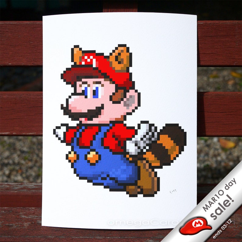 Tanuki Mario / Raccoon Mario Pixelart Gilcée Art Print Super Mario Bros ...
