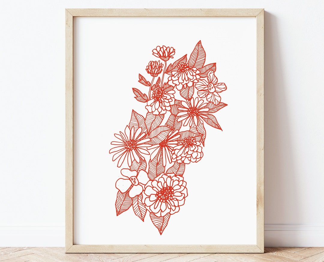 Flower Bunch Print | Floral Line Drawings | Flowers Home Decor ...