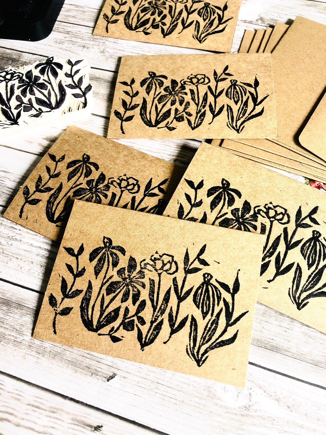 Tiny Flower Cards Set of 5 Original Hand-carved Design | Etsy