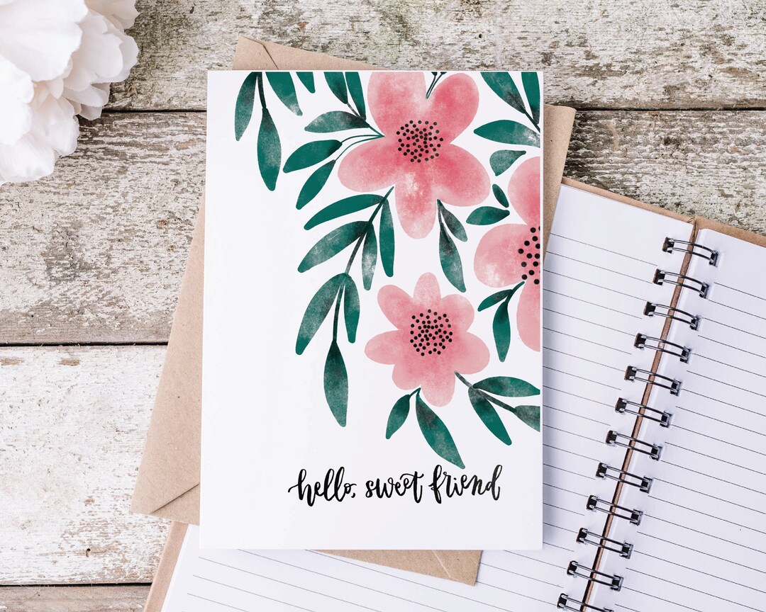 Sweet Friend Card Watercolor Floral Stationary Calligraphy Pink Flowers ...