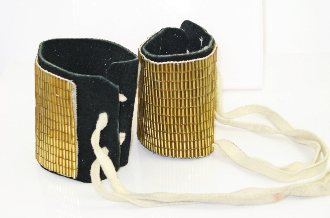 Native American Leather Bead Cuffs, Pow Wow Bracelets, Gold Beadwork ...