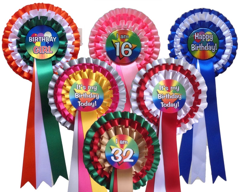 Large Birthday Rosettes. Choice of Ribbon Colour. Choose a Standard ...
