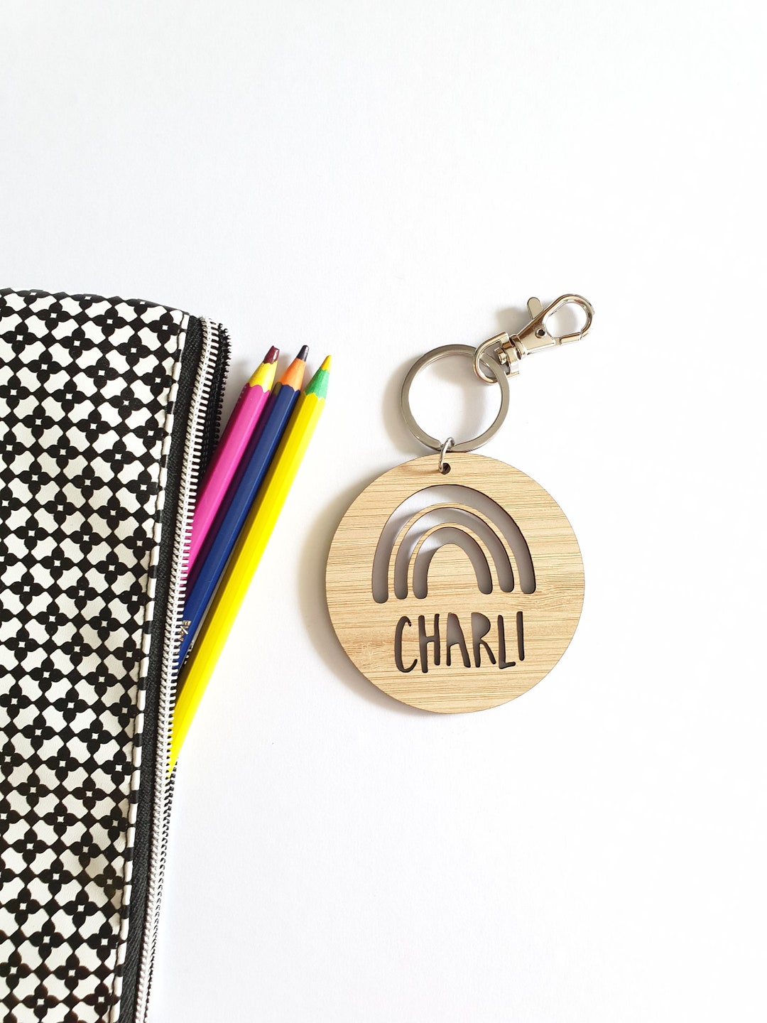 RAINBOW Bag Tag / Keyring Wood Bamboo Personalised-custom-school-kinder ...
