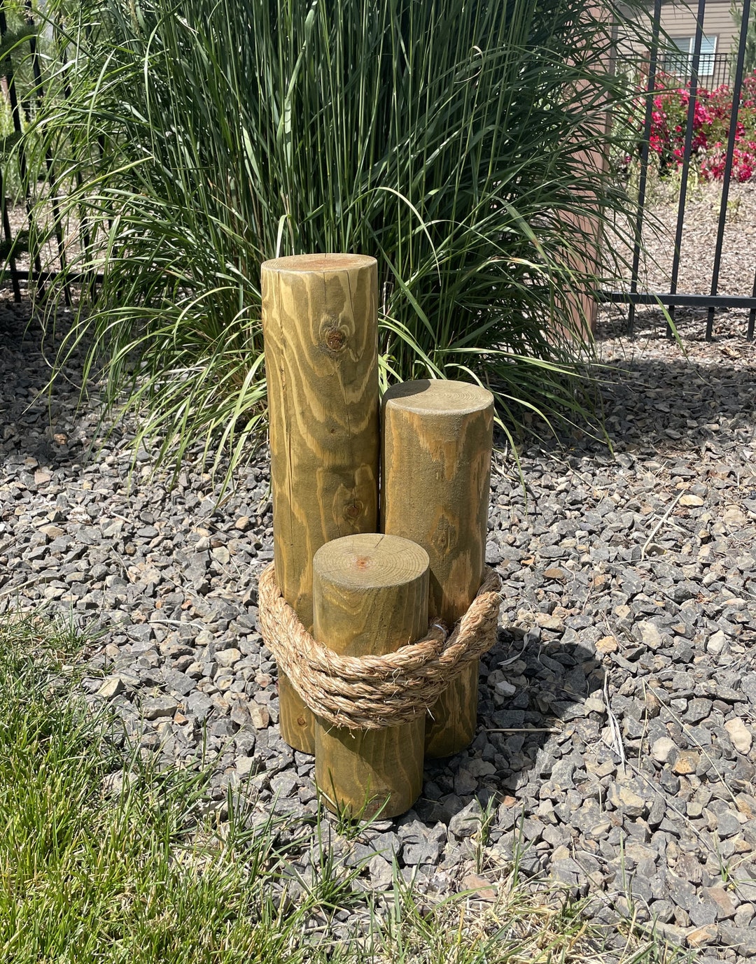 20" Nautical Wood Piling With Manila Rope: Coastal Decor, Solar Light ...