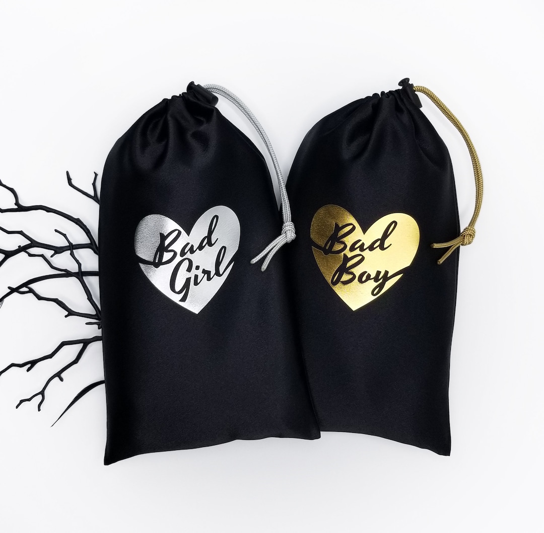 Satin Bag "bad Boy"/"bad Girl" Gold/silver Heart Adult Toy Storage With ...