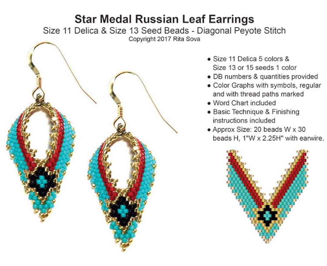 Star Medal Russian Leaf Earrings PDF Download Beading Pattern Tutorial FREE Wedding Lace Russian ...