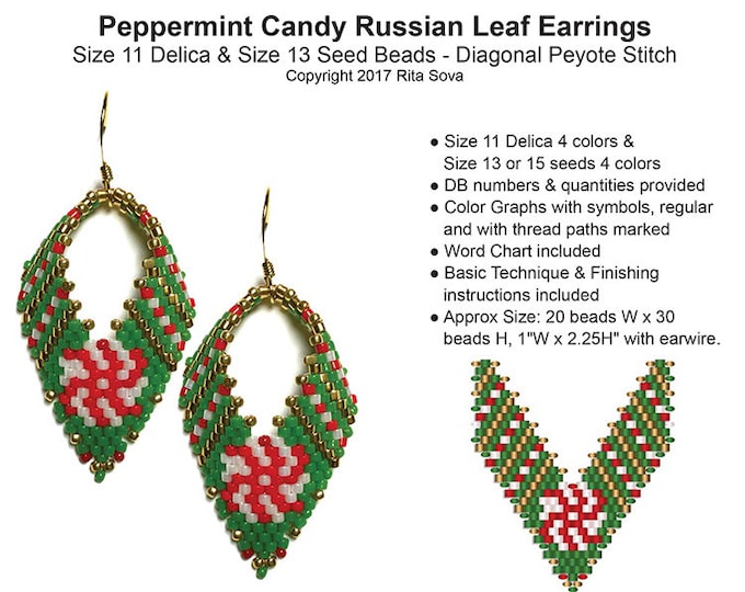 Peppermint Candy Russian Leaf Earrings - PDF Download Beading Pattern ...