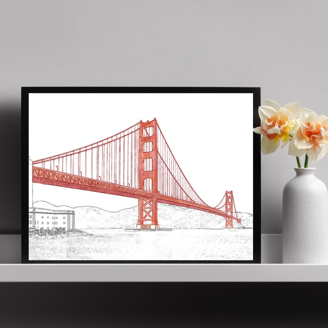 Bridge Art, Urban Wall Art, Golden Gate Bridge, Line Art, San Francisco ...