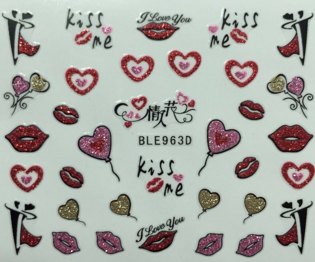 Nail Art 3D Glitter Decal Stickers Kiss Me Hearts Lips Wedding ...