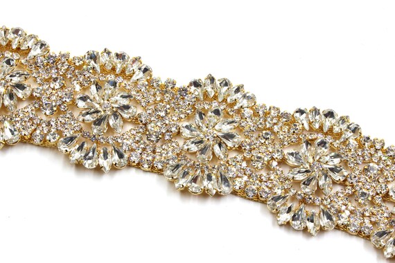 One Yard Applique Trim Bridal Applique Gold Trim Crystal | Etsy