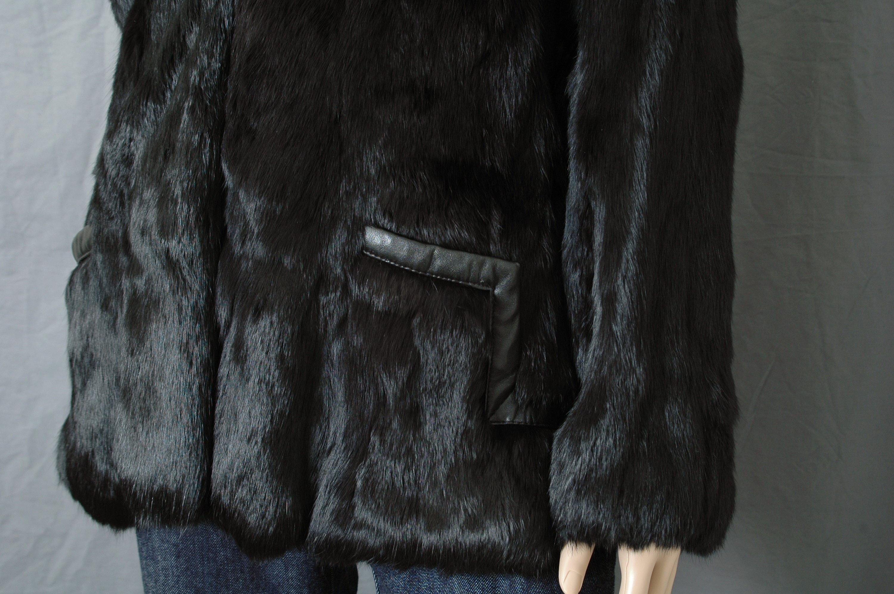 Vintage Black Rabbit Fur Short Coat, Notch Shawl Collar, M/L, Excellent ...