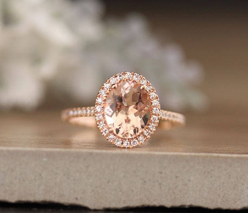 Oval Morganite Engagement Ring Diamond Halo Ring Diamond | Etsy
