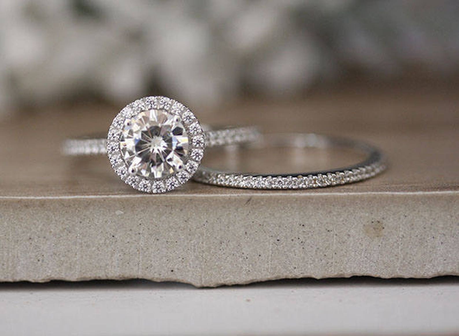 Moissanite Wedding Ring Set White Gold Round 6.5mm Moissanite - Etsy