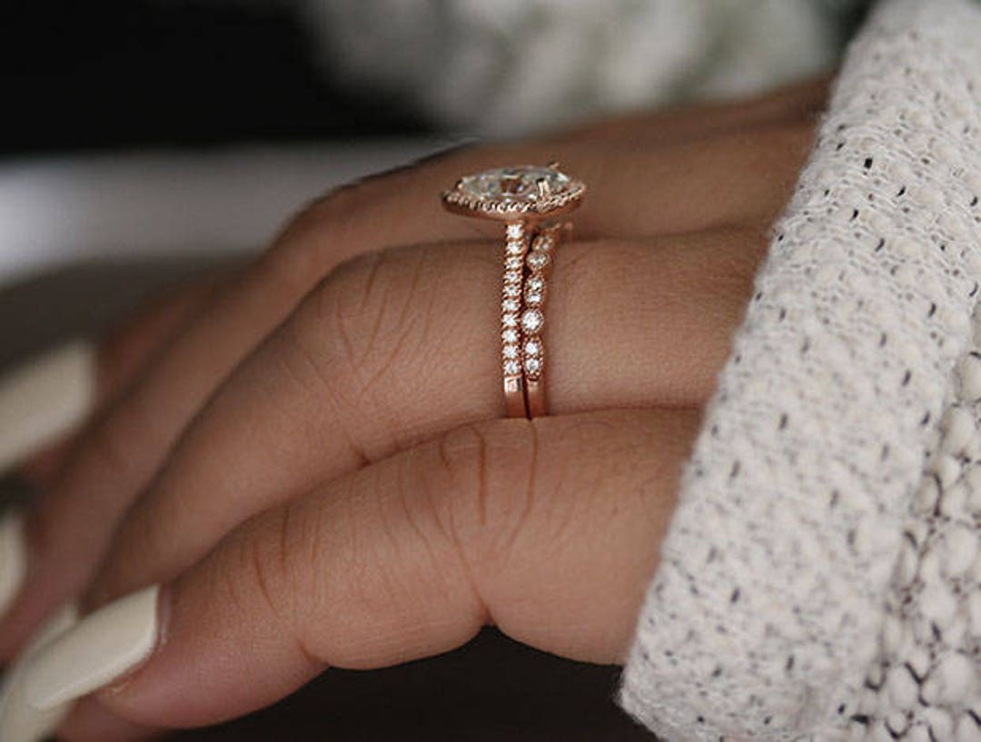 Milgrain Engagement Ring Moissanite Pear 9x6mm Rose Gold Ring Diamond