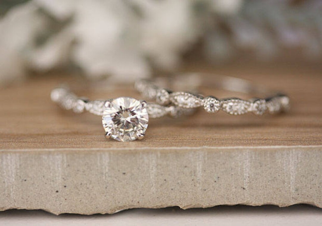 Bridal Ring Set Moissanite White Gold Engagement Ring Round - Etsy