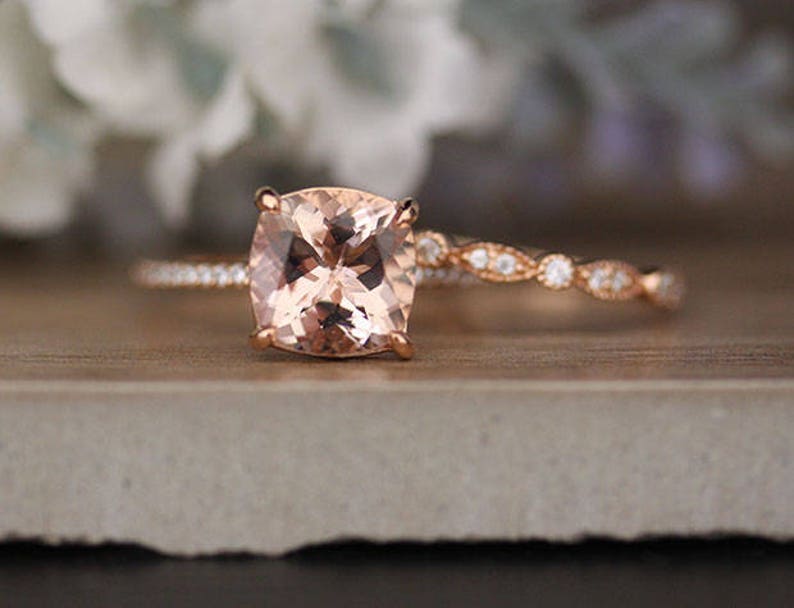 9mm Cushion Rose Gold Morganite Engagement Ring And Milgrain Etsy