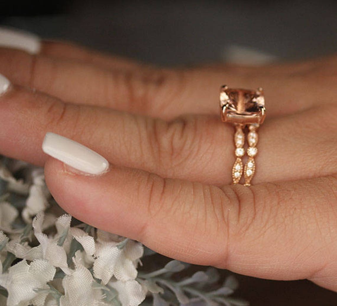 Morganite Wedding Ring Set Engagement Ring Diamond Milgrain - Etsy