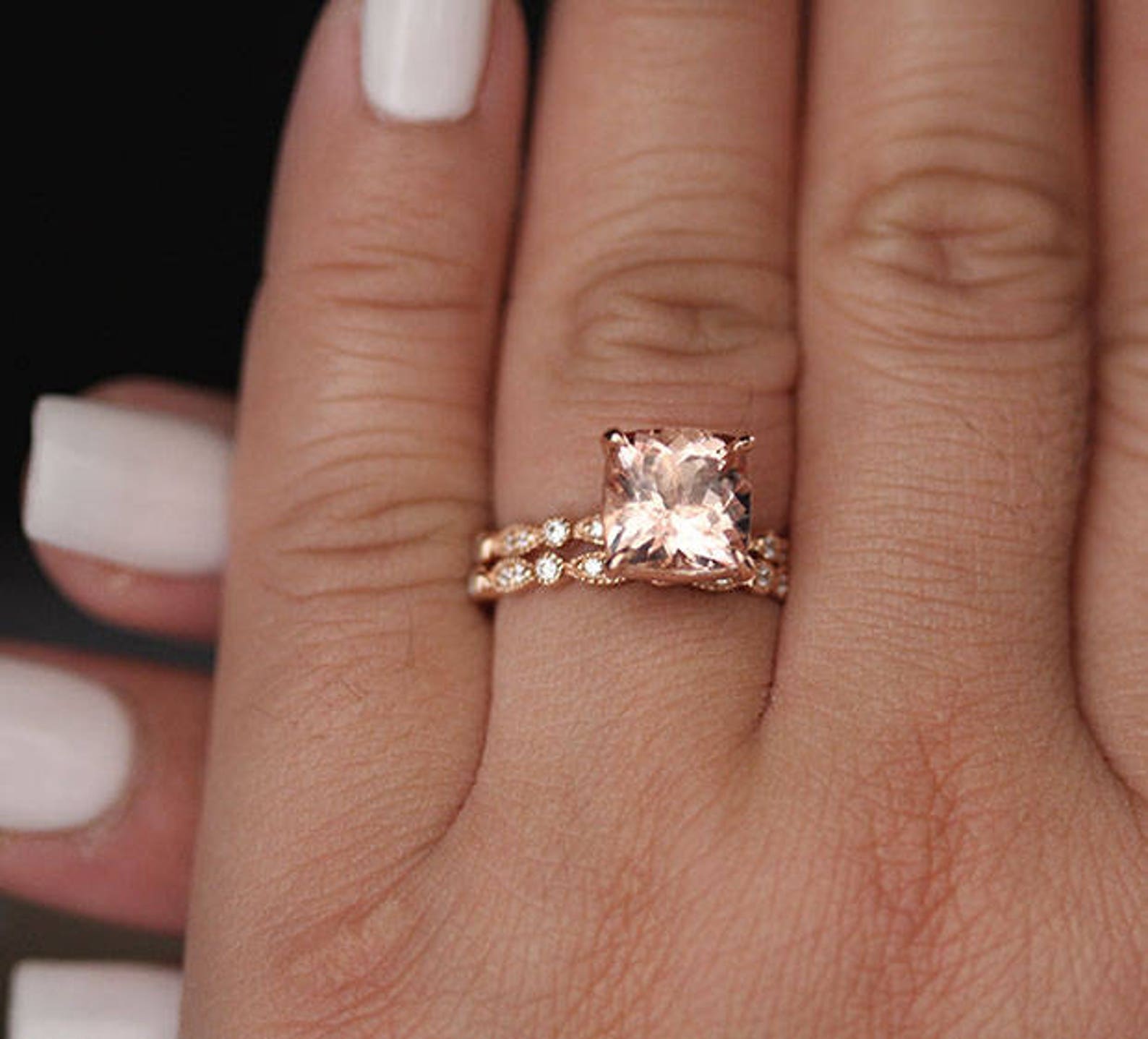 Morganite Wedding Ring Set Engagement Ring Diamond Milgrain - Etsy