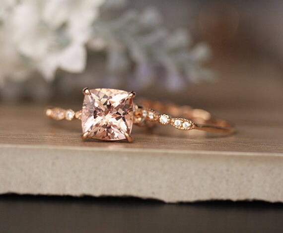 Morganite Wedding Ring Set Engagement Ring Diamond Milgrain | Etsy