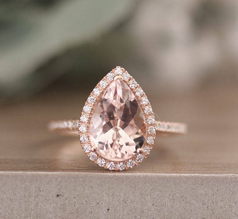 Engagement Ring 14k Rose Gold Morganite Pear 12x8mm and - Etsy