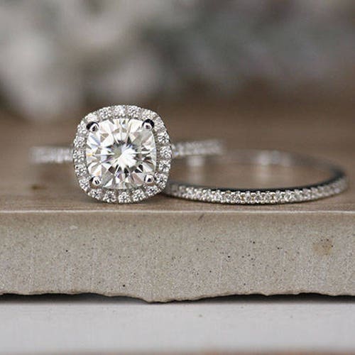 Wedding Ring Set Moissanite 14k White Gold Engagement Ring Etsy