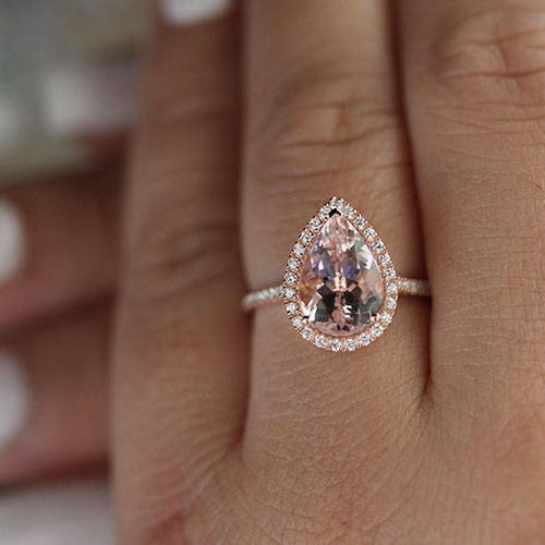 Unique Halo Morganite Engagement Ring Set 14k Rose Gold | Etsy