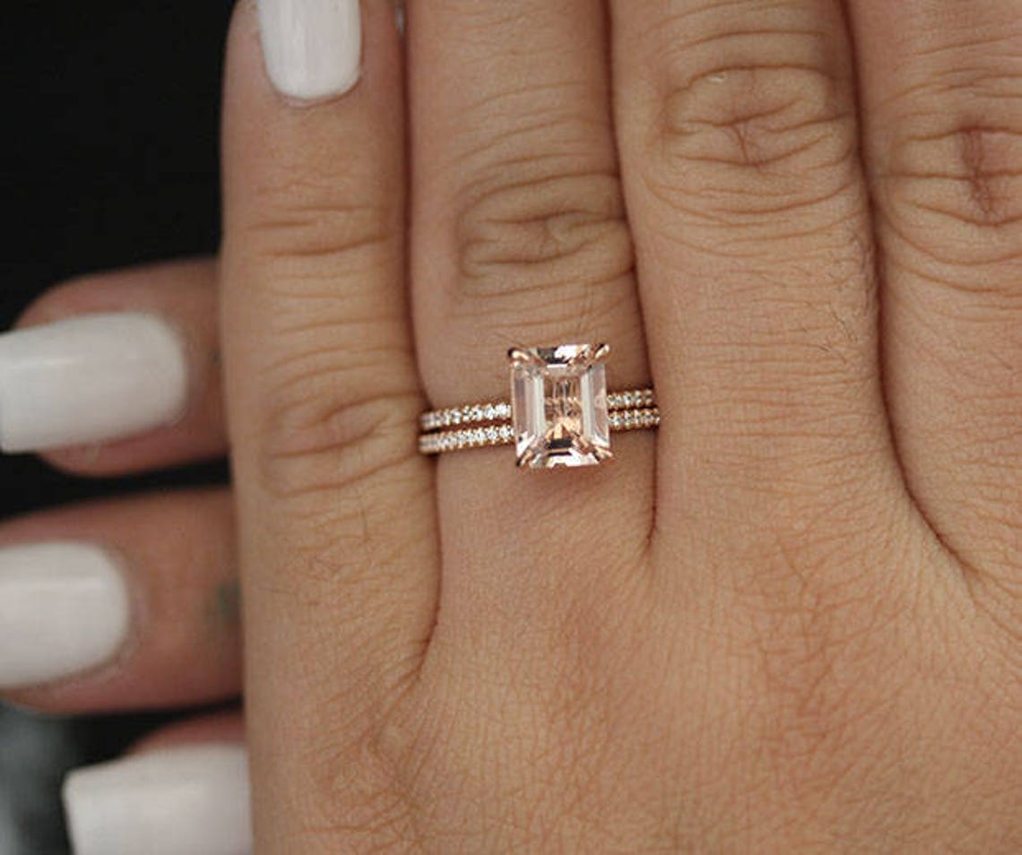 Bridal Ring Set With 9x7mm Emerald Cut Morganite and Diamonds | Etsy