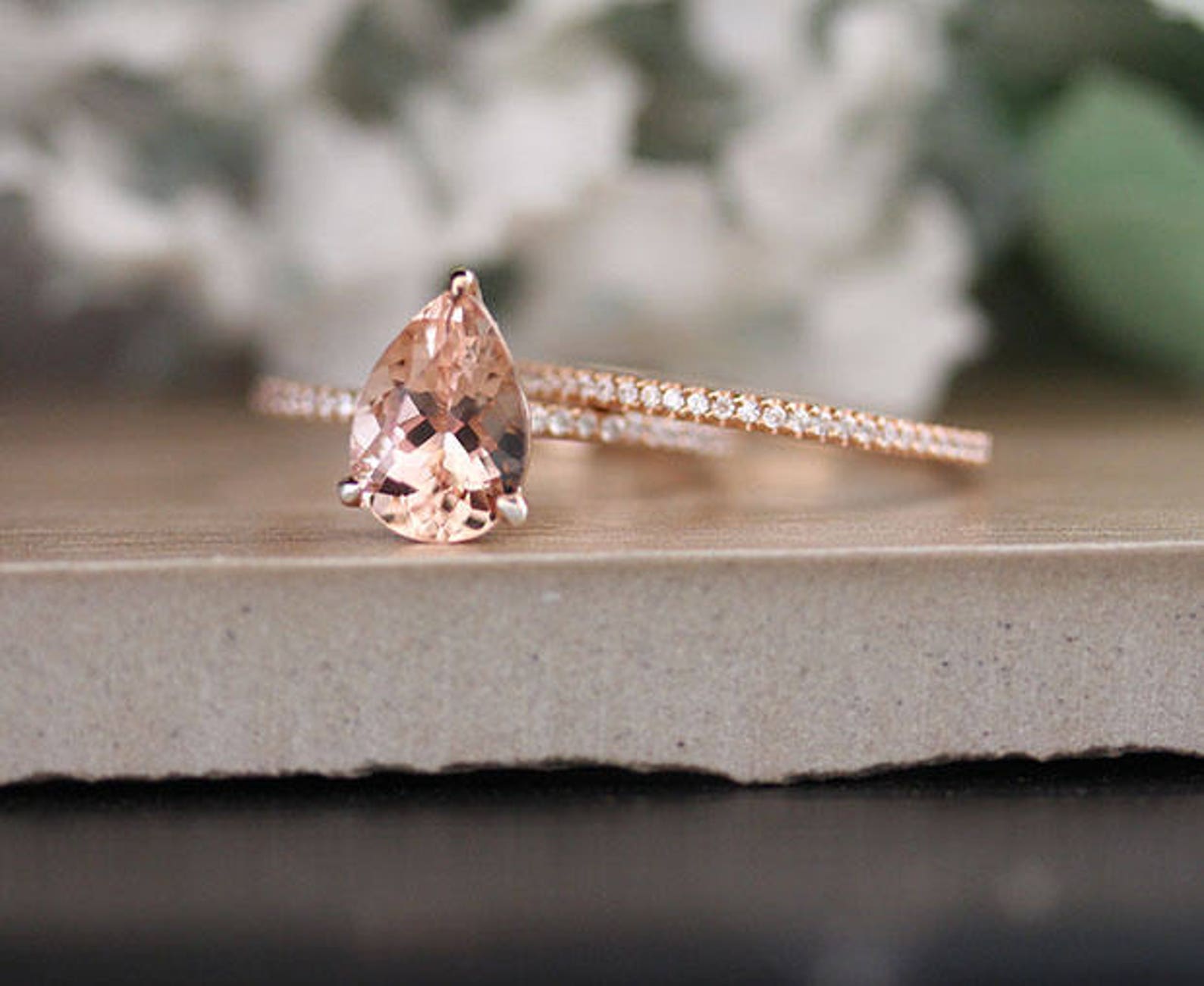 Morganite Pear Engagement Ring and Bridal Ring Set Diamond - Etsy New ...