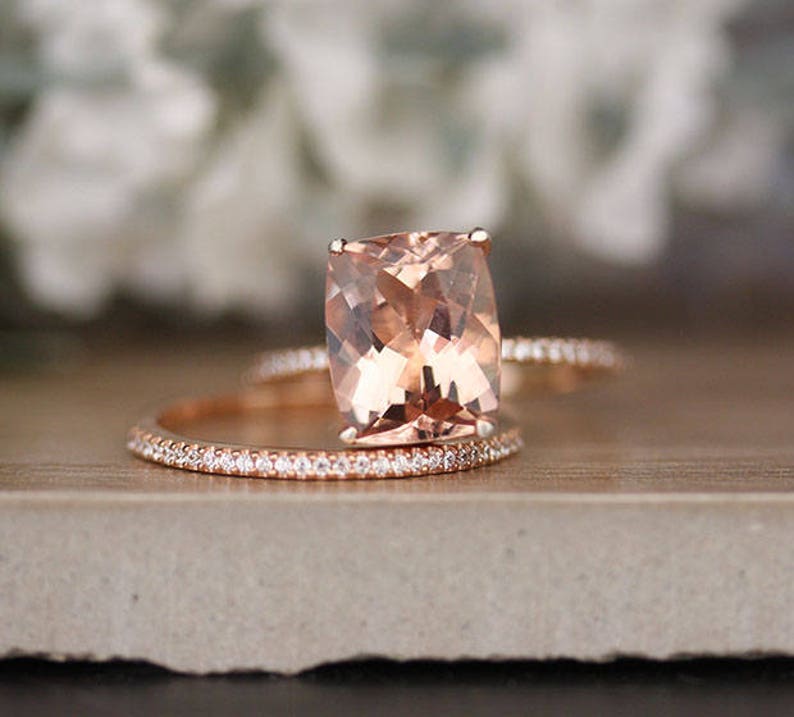Bridal Ring Set with 11x9mm Cushion Morganite and Diamonds in | Etsy