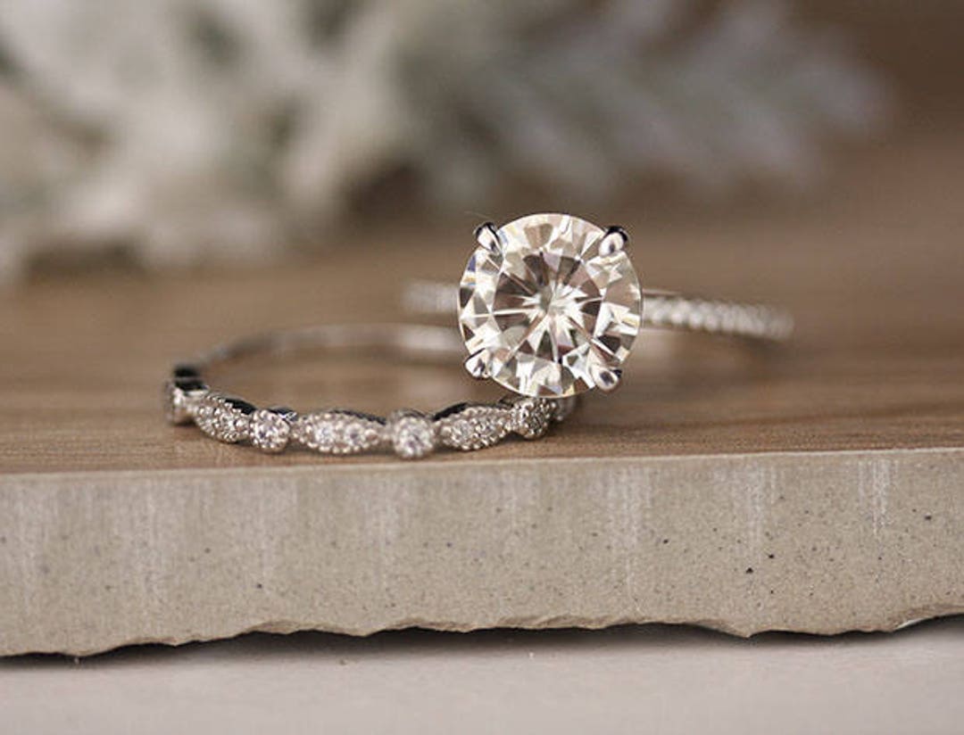 White Gold Engagement Ring, Moissanite Round 9mm and Diamond Bridal ...