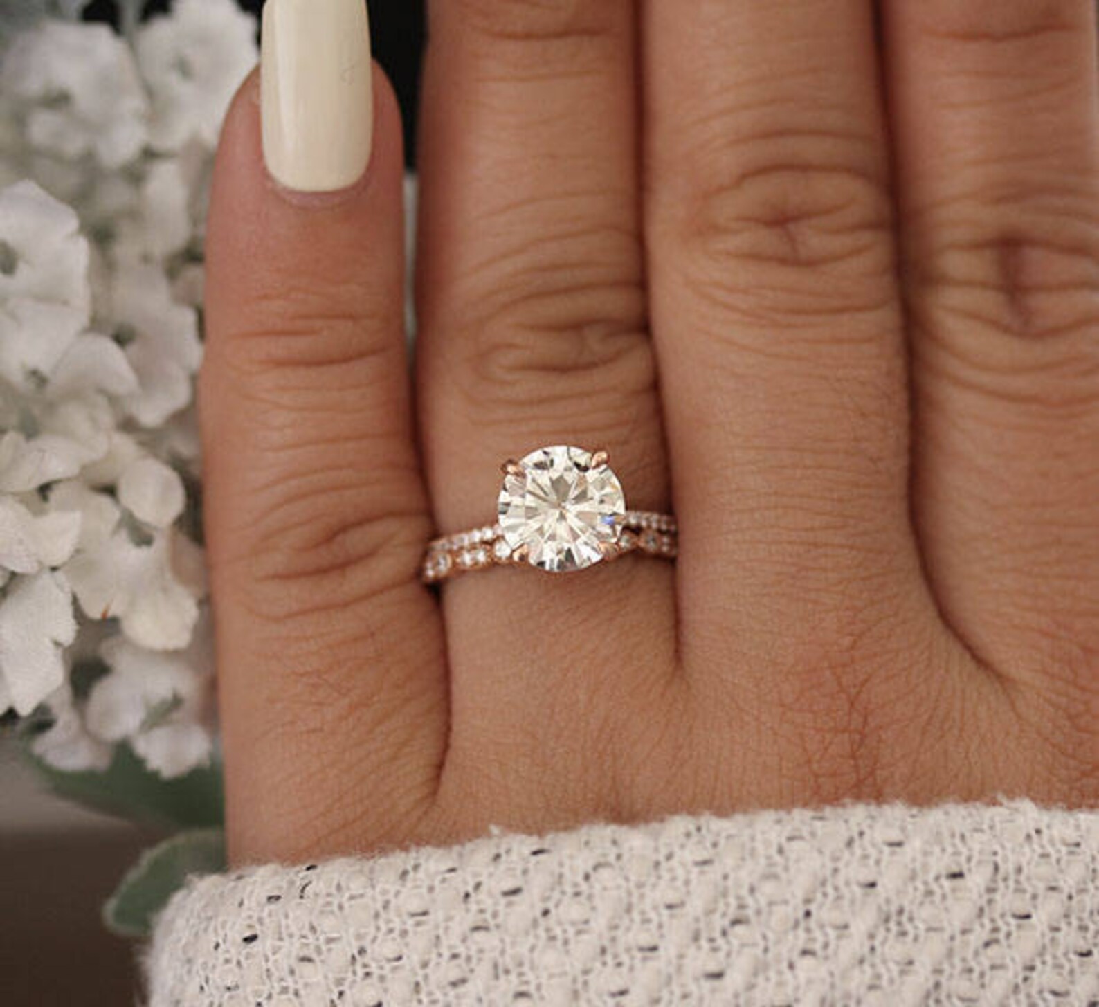 White Gold Engagement Ring Moissanite Round 9mm and Diamond - Etsy