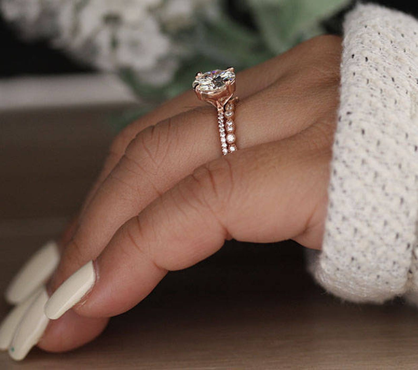 White Gold Engagement Ring Moissanite Round 9mm and Diamond - Etsy