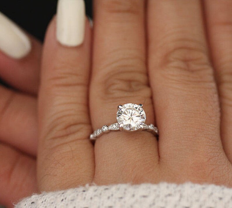 8mm Round Moissanite Engagement Ring 14k White Gold - Etsy