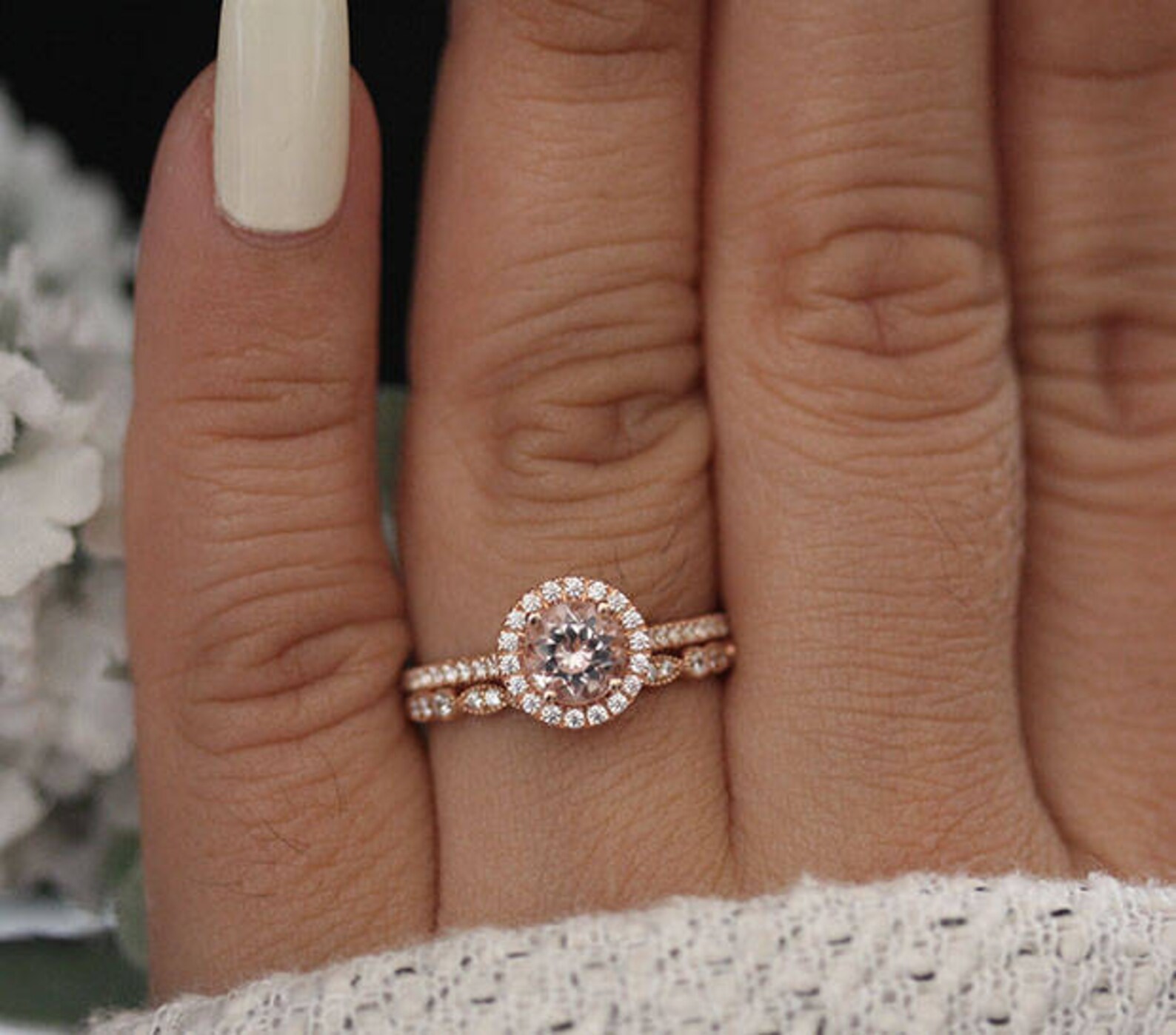 6mm Round Rose Gold Bridal Ring Set Morganite Engagement | Etsy