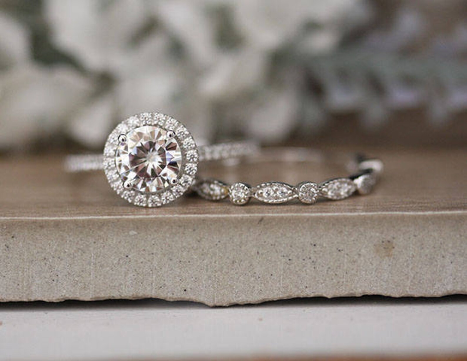 14k White Gold Round 6.5mm Moissanite Engagement Ring and - Etsy