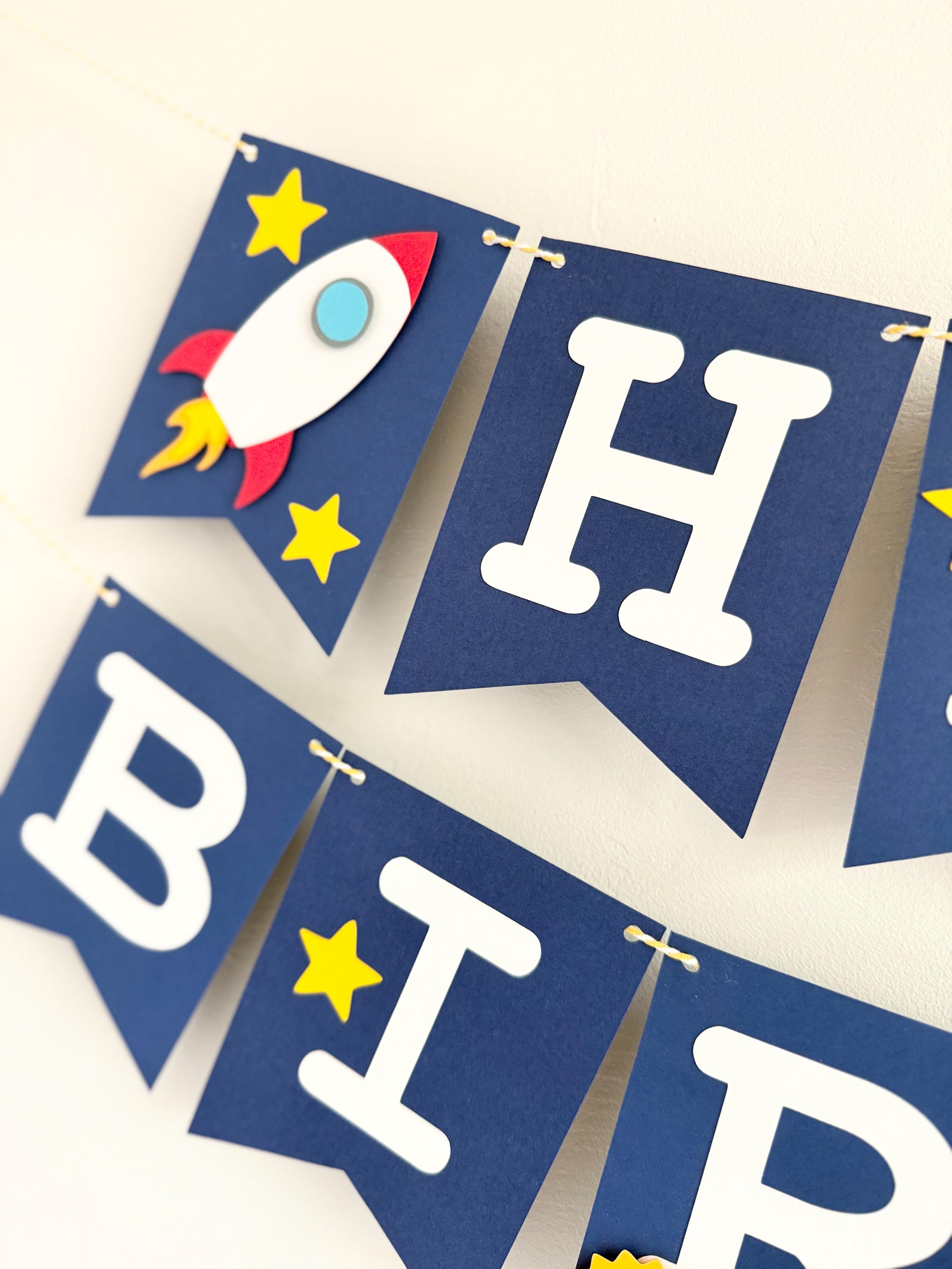 Spaceship Happy Birthday Banner, Kids Outerspace Party, Rocketship ...