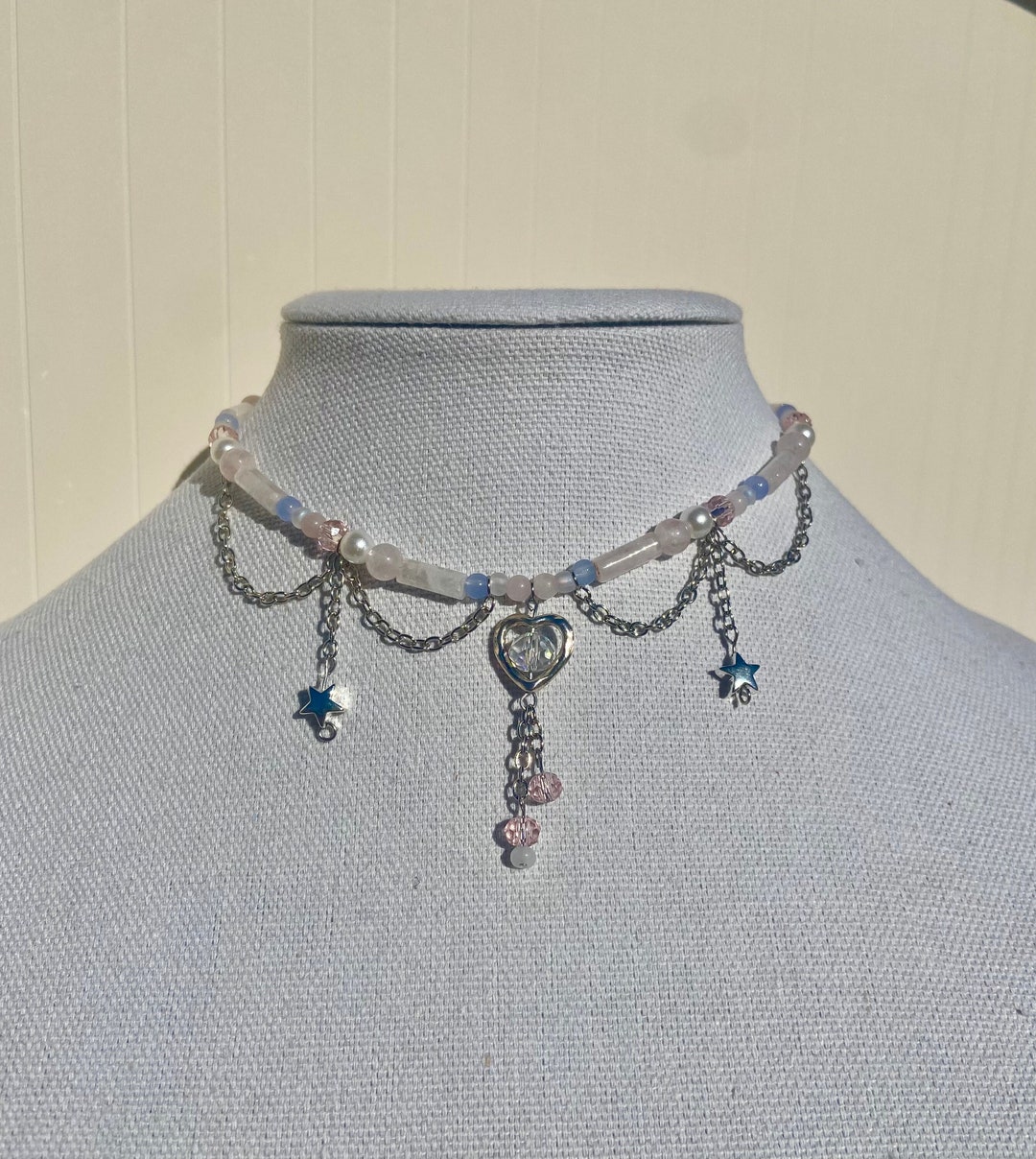 Coquette Heartstrings Valentine's Day Y2K Beaded Handmade Choker Necklace, Hypoallergenic Silver ...