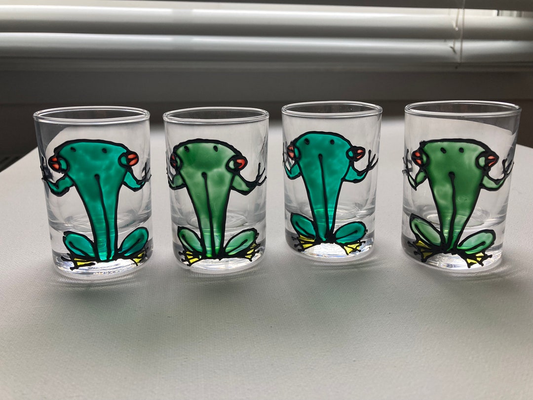 Hand Painted FROG SHOT GLASSES, (set of 4 in Emerald & Chartreuse Green ...