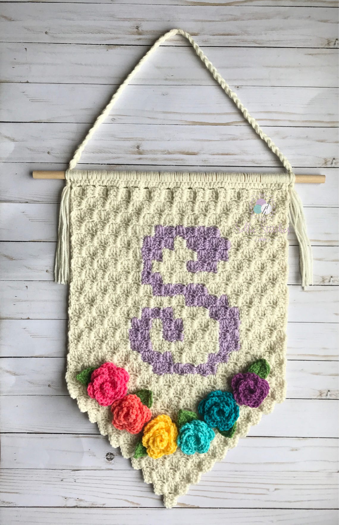 Monogram Tapestry, Crochet Wall Decor, Monogram and Flowers Tapestry ...
